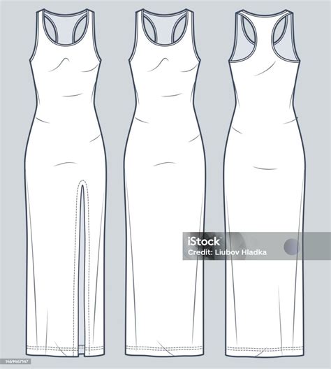 맥시 드레스 기술 패션 그림의 집합입니다 저지 탱크 탑 드레스 패션 플랫 기술 도면 템플릿 슬림 핏 전면 슬릿 전면 및 후면보기 흰색 색상 여성 Cad 모형 세트 0명에