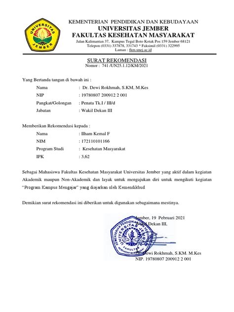Surat Rekomendasi Mahasiswa Fkm Unej Pdf