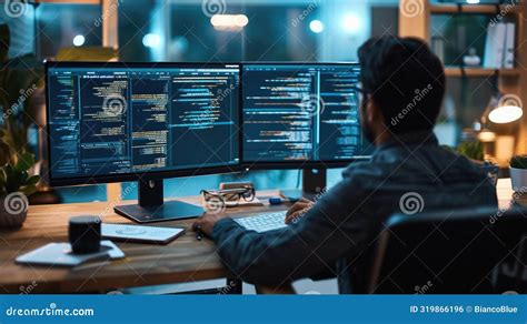 Software Developer Working On Code In Dual Monitor Setup Aig41 Stock