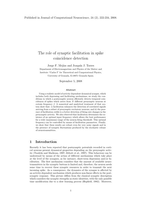 Pdf The Role Of Synaptic Facilitation In Coincidence Spike Detection