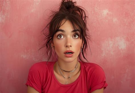 A Woman In Red Shirt Making Unexpected Face Premium AI Generated Image