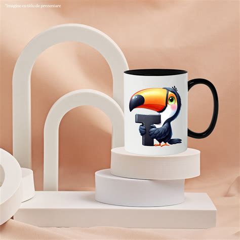 Чаша с птица тукан с буквата Т илюстрация за деца училище ученик 1 клас лети с черна