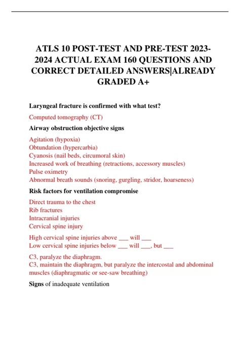 Atls 10 Post Test And Pre Test Actual Exam 160 Questions And Correct Detailed Answers Already