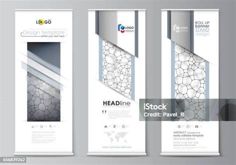 롤 배너 스탠드 평평한 디자인 서식 파일 기업의 수직 벡터 전단지 플래그 레이아웃 화학 패턴 분자 질감 다각형 분자 구조 셀