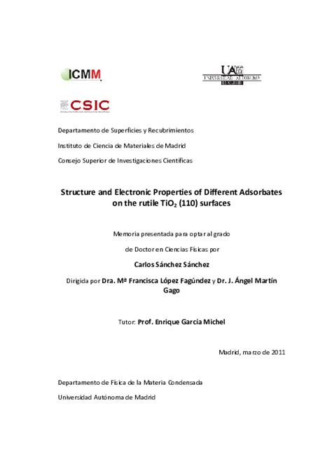 Pdf Structure And Electronic Properties Different Adsorbates On The
