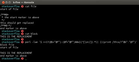 linux sed replace block of text between markers including the