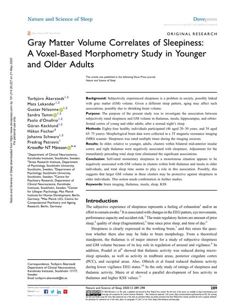 Pdf Gray Matter Volume Correlates Of Sleepiness A Voxel Based