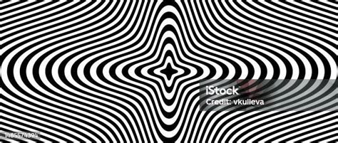 착시 배경입니다 흑백 추상적인 왜곡된 동심원이 표면화되어 있다 포스터 디자인 방사형 비틀림 나선형 환상 벽지 벡터 아트 일러스트레이션 강렬하고 밝은 색상에 대한 스톡 벡터