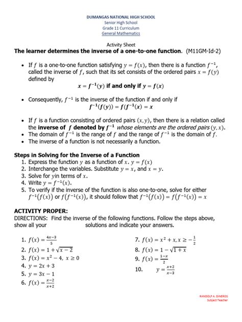 activity sheet inverse of a one to one function printing pdf