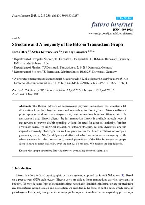 Pdf Structure And Anonymity Of The Bitcoin Transaction Graph