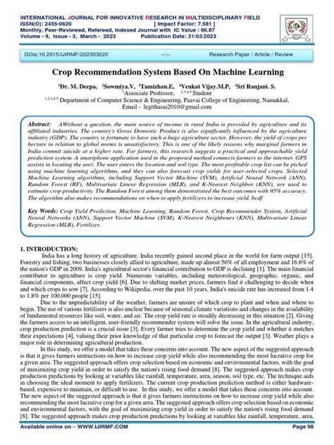 Crop Recomendation System Using Machine Learning Pdf Machine Learning Agriculture