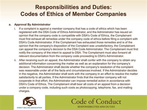 Dsa Code Of Conduct Responsibilities And Duties Ppt