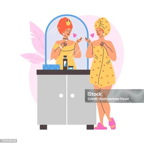 화장실에서 수건을 쓴 여자는 거울에 비친 자신의 모습에서 자신을 여왕으로 상상하고 자신을 사랑하고 동기 부여 벡터를 사랑한다 허영에 대한 스톡 벡터 아트 및 기타 이미지