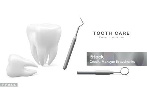 사실적인 치아 치과 프로브 및 흰색 배경에 고립 된 치아를위한 치과 거울 의료 치과 의사 도구 치과 의료 위생 개념 벡터 일러스트 레이 션 3차원 형태에 대한 스톡 벡터