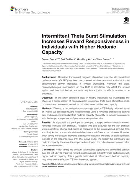 Pdf Intermittent Theta Burst Stimulation Increases Reward