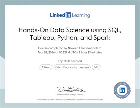 Completed Data Science Course With Sql Tableau Python And Spark Naveen Chennaiepalem Posted