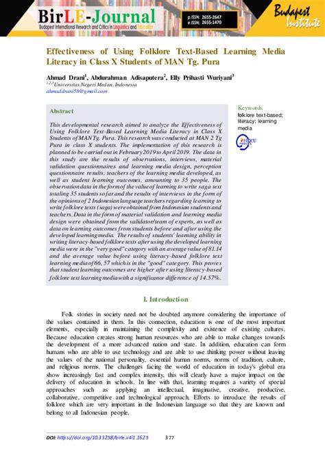 Pdf Effectiveness Of Using Folklore Text Based Learning Media