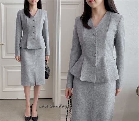 노카라 브이넥 페플럼 펄자켓 스커트 투피스 가을 치마정장 세트