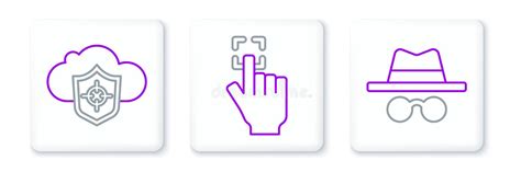 Set Line Incognito Mode Cloud And Shield And Fingerprint Icon Vector Stock Illustration
