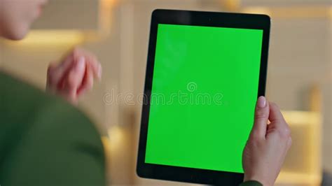 Woman Choosing Purchases Mockup Tablet at Home Close Up. Girl Hands Swiping Pad Stock Photo ...