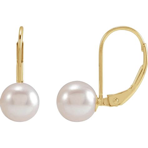 Cultured White Akoya Pearl Leverback Earrings 14k Yellow Gold Boelry
