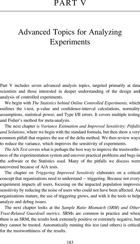 Advanced Topics For Analyzing Experiments Part V Trustworthy Online