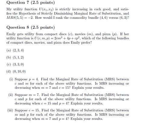 solved question 7 2 5 points my utility function u x1 x2