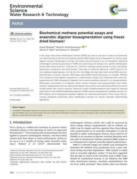 Pdf Biochemical Methane Potential Assays And Anaerobic Digester