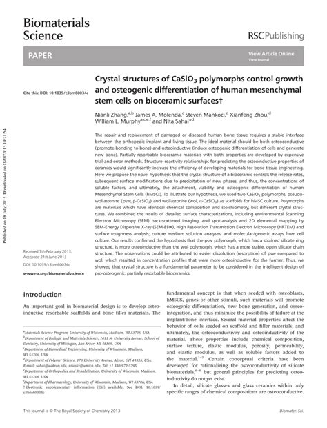 Pdf Crystal Structures Of Casio3 Polymorphs Control Growth And Osteogenic Differentiation Of