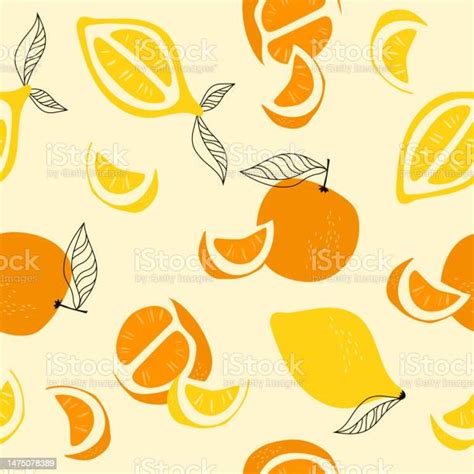오렌지와 레몬으로 손으로 그린 매끄러운 패턴 크림 배경에 감귤류 과일 부계 감귤류 과일에 대한 스톡 벡터 아트 및 기타 이미지 감귤류 과일 과일 귀여운 Istock