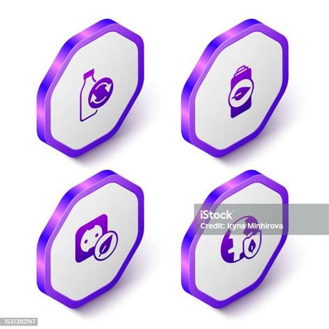 아이소메트릭 재활용 플라스틱 병 에코 자연 잎 배터리 전기 콘센트 및 지구를 방패 아이콘으로 설정합니다 보라색 육각형 버튼 벡터 0명에 대한 스톡 벡터 아트 및 기타 이미지