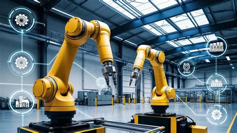 Futuristic Robotic Arms Working In Advanced Automated Factory Stock Illustration Illustration