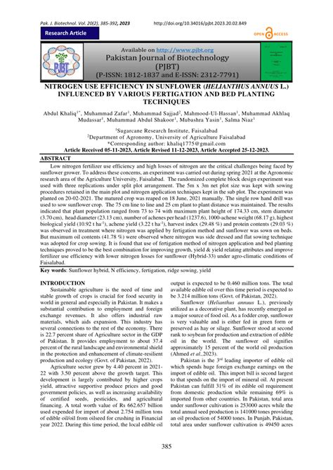 Pdf Nitrogen Use Efficiency In Sunflower Helianthus Annuus L Influenced By Various