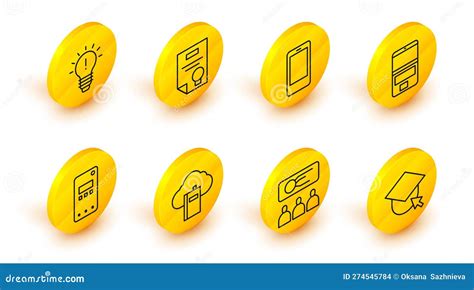 Set Line Graduation Cap On Globe Training Presentation Cloud Or Online Library Mobile Phone