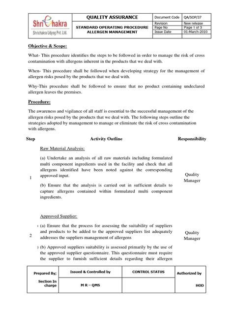 Allergen Management Sop37 Pdf