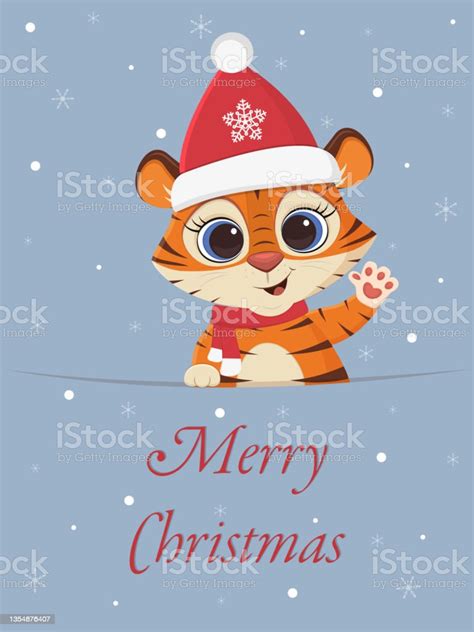 메리 크리스마스와 새해 맞이 인사말 카드 산타 모자에 귀여운 호랑이와 눈송이의 배경에 스카프 호랑이 2022의 해 만화 플랫 스타일 벡터 0명에 대한 스톡 벡터 아트 및