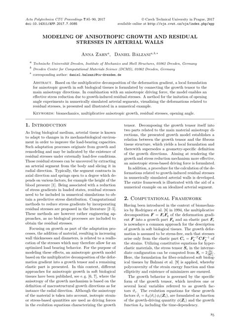 Pdf Modeling Of Anisotropic Growth And Residual Stresses In Arterial Walls