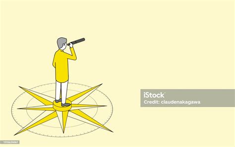 망원경을 들여다보는 사업가 나침반과 화살표 Isometric 간단한 벡터 일러스트레이션 노란색과 회색 색상 3차원 형태에 대한