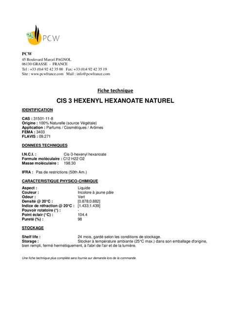 Cis 3 Hexenyl Hexanoate Naturel Ex Tea
