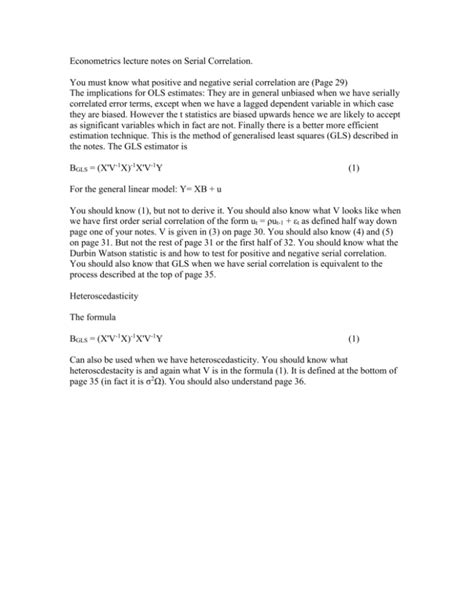 Econometrics Lecture Notes On Serial Correlation