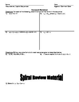 Recursive and Explicit Sequences Homework Worksheet by Math by Catherine