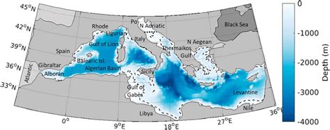 Domain And Bathymetry Of The Mediterranean Sea Model The Western Download Scientific Diagram