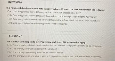 Solved Question 4 In A Relational Database How Is Data