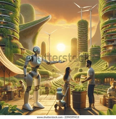 Robot Help Humans Work Solarpunk Aesthetics Ai Generated Image