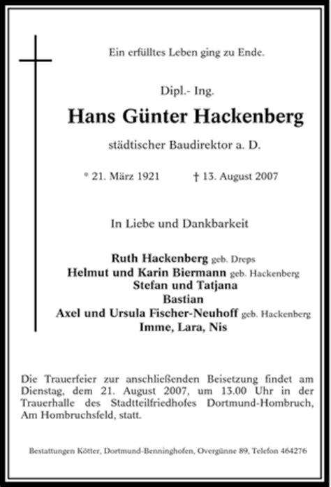 Traueranzeigen Von Hans Günter Hackenberg Trauer In Nrw De