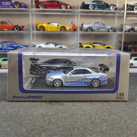 Fast Speed 1 64 Skyline Gt R R34 Z True Te37 Rims And High Wing Edition Fnf Silver Blue Livery