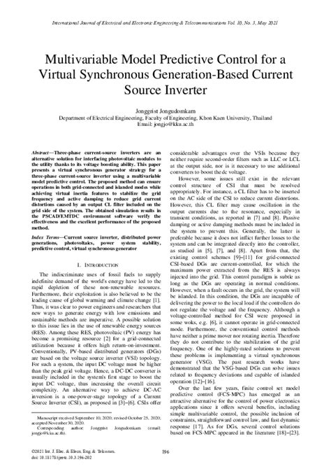 pdf multivariable model predictive control for a virtual synchronous