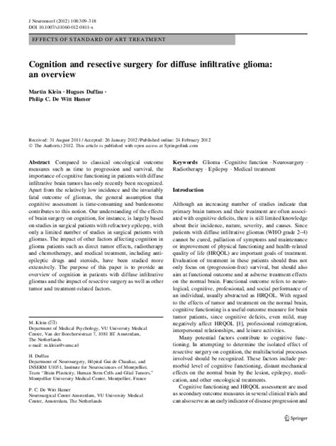 Pdf Cognition And Resective Surgery For Diffuse Infiltrative Glioma