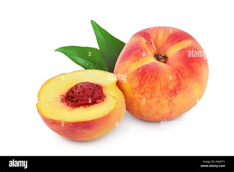 Ripe Peach Fruit And Half With Leaf Isolated On White Background Stock Photo Alamy