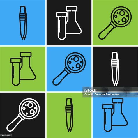 Set Line 핀셋 돋보기 아래의 미생물 및 시험관 및 플라스크 화학 물질 아이콘 벡터 갈고리 발톱에 대한 스톡 벡터 아트 및 기타 이미지 Istock